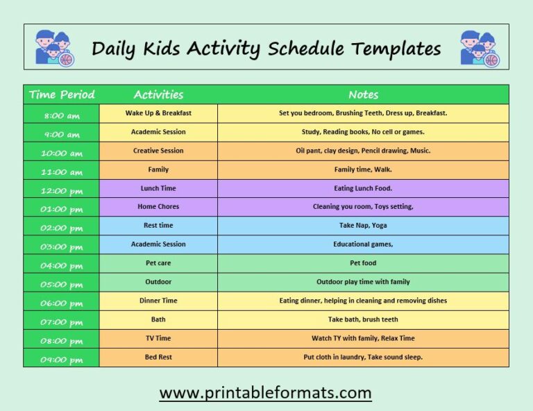 Kids Activity Schedule Templates - Printable Formats