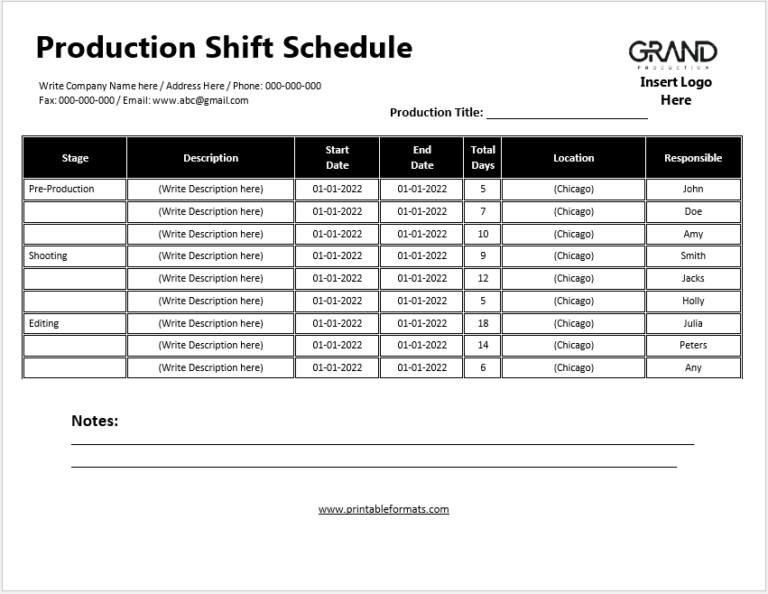 Production Shift Schedule Templates - Printable Formats
