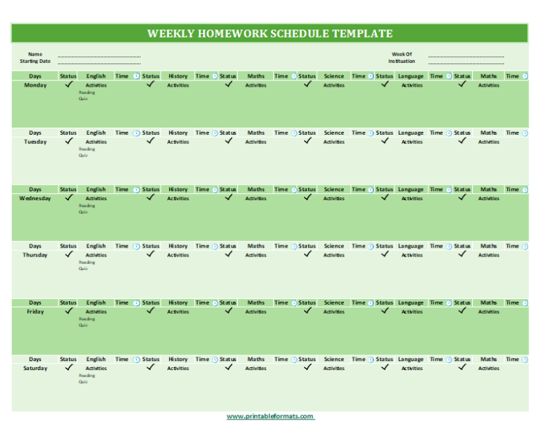 11 Free Homework Schedule Templates - Printable Formats