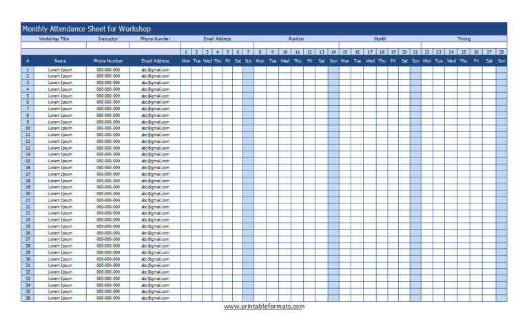 06 Free Attendance Sheets For Workshop - Printable Formats
