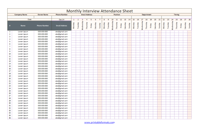 06 Free Interview Attendance Sheet Templates - Printable Formats