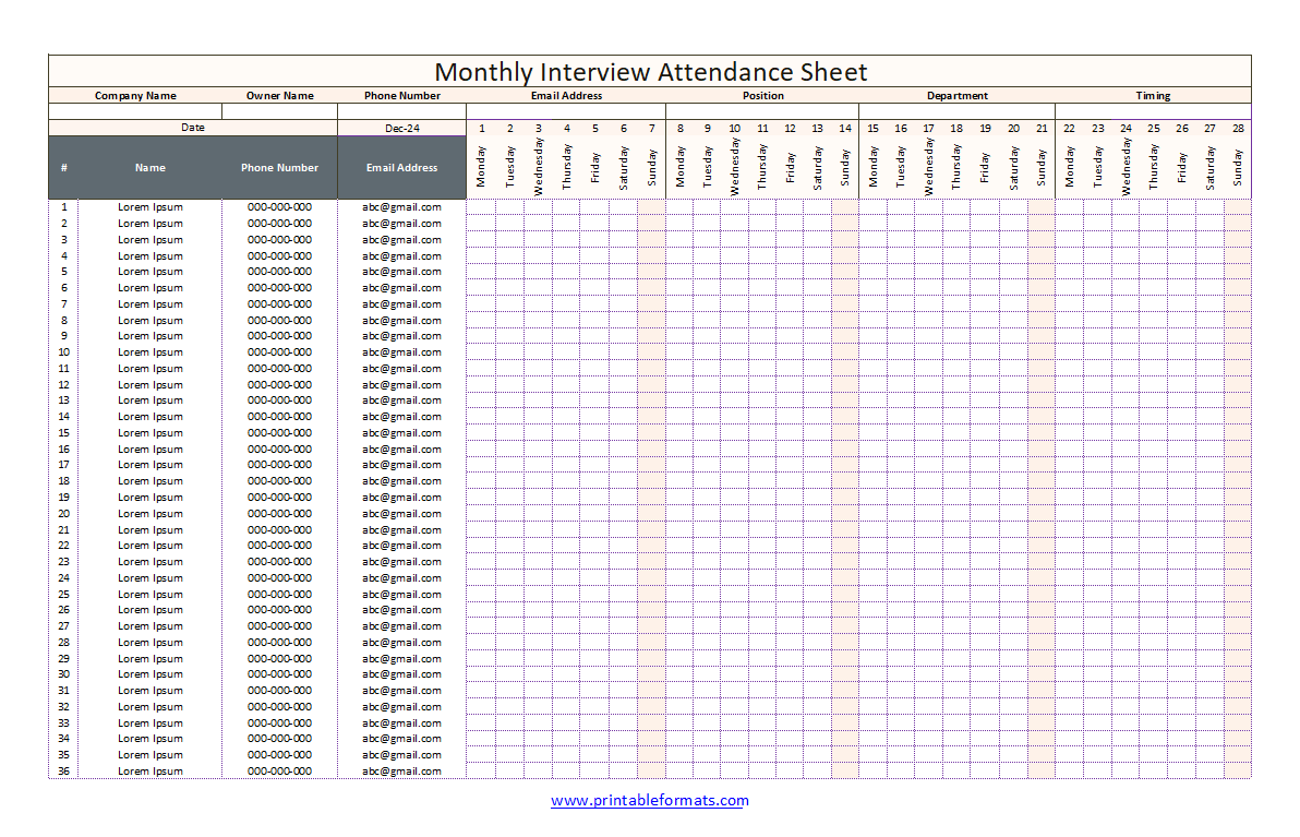 06 Free Interview Attendance Sheet Templates - Printable Formats