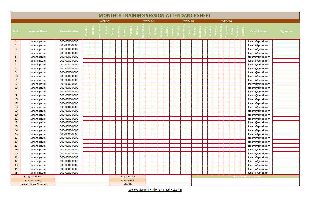 Training Session Attendance Sheets for Free - Printable Formats
