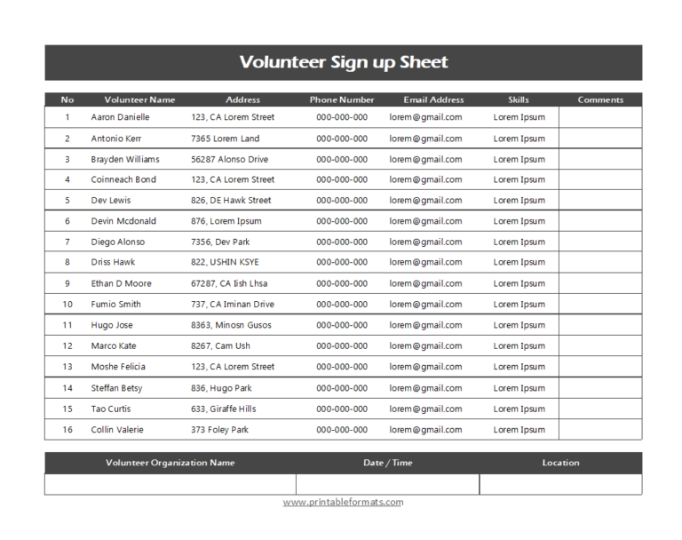 Volunteer Sign Up Sheet Templates - Printable Formats