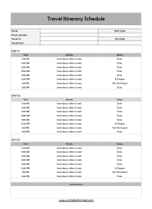 Travel Itinerary - Free Templates - Printable Formats
